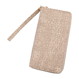 Classic Leatherette Zip Around Wallet - Vegan Leather Zipper Clutch Purse Coin Card Slots, Removable Wristlet (Double Zip Wristlet - Textured Light Brown)