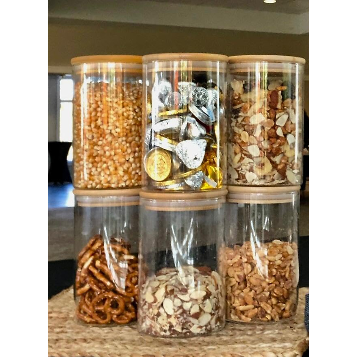 Glass Food Storage Containers Jar Seal Bamboo Lids, Stackable 30oz Set of 3, Pantry Storage Jar for Flour rice Cereal Sugar Tea Coffee Beans Snacks