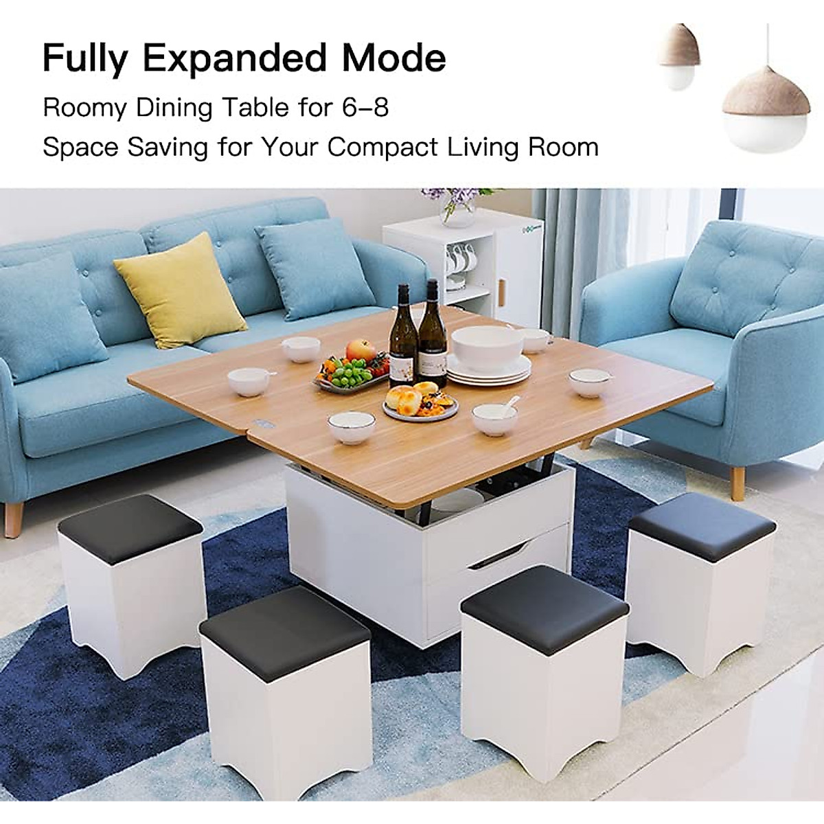 PIAQIA Convertible Folding Dining Table Set for 8, Multifunctional Lift Top Coffee Table with 4 Storage Ottoman, Space Saving Extendable Table for Compact Living Space, 47.2" Width