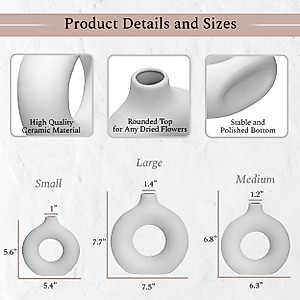 VELOVA Set of 3 White Ceramic Vase with 65 PCS Dried Pampas Grass Flowers Aesthetic Boho Modern Small Round Cute Vases for Decor Living Room Coffee Table Shelf Bedroom Office Desk Home Gifts Women Mom