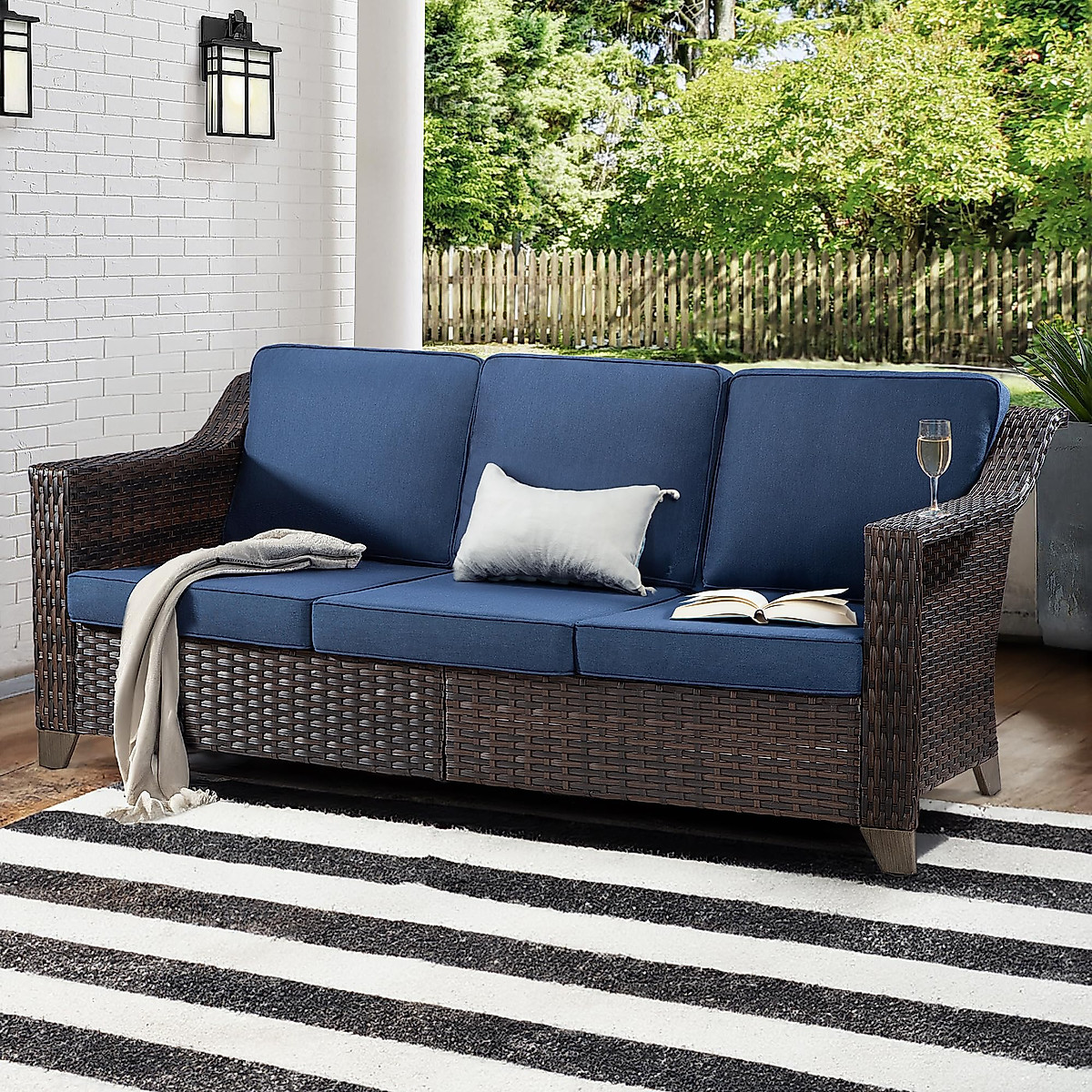 Joyside Patio Sofa - 3 Seater Rattan Sofa, All Weather High Back Sofa, Upgraded Large Size with 4inch Seat Cushions for Backyard, Garden, Poolside (Brown/Blue)