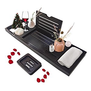 Enlux Premium Bathtub Tray Caddy - Expandable Bath Tray - Unique House Warming Gifts, New Home, Anniversary & Wedding Gifts for Couple, Bridal Shower Gift for Women (Black)