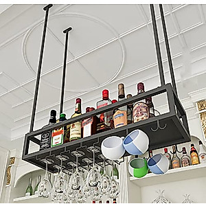 DICKIS Hanging Wine Rack with Glass Holder and Shelf, Adjustable Height and Width Metal Ceiling Bar Wine Glass Rack, Industrial Wall Mounted Wine and Glass Rack (Color : Black, Size : 100x25x21cm)