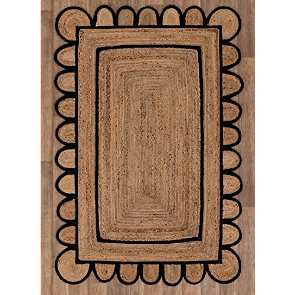 ROYAL ARTS & CRAFTS 2x3,3x5,4x6,5x7,6x9,8x10,9x12 Black Color Scalloped Design Jute Rug Kitchen Rug/ Patio Rug/ Hallway Rug/ Entryway Rug/ Outdoor Rug (3x4 Ft Area Rug)