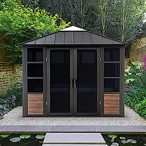 Sunjoy Outdoor Sunroom 11 ft. x 11 ft. Black Hardtop Gazebo, Rust-Resistant Aluminum Sunroom Multipurpose Studio/Hot Tub Shelter with PC Board Skylight and Mute Lock Doors by SummerCove