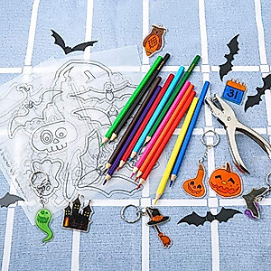 Auihiay 145 Pieces Halloween Heat Shrink Plastic Sheet Kit Include 8 Shrink Paper with Halloween Patterns, 4 Blank Shrink Film Papers, Hole Punch, Keychains, Pencils for Kids DIY Creative Craft