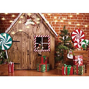 LTLYH 7X5ft Christmas Photo Backdrop Christmas Wooden House Candy Tree Photoshoot Background for Kids Portrait Photo Studio Booth Photographer Props Backdrop 119