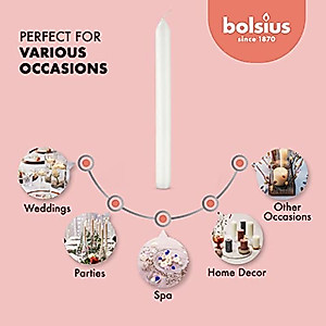 BOLSIUS 10 Count Household White Dinner Candles - 9 Inches - Premium European Quality - Approx. 8 Hours Burn Time - Unscented Dripless and Smokeless, Restaurant, Wedding, Spa, and Party Candlesticks