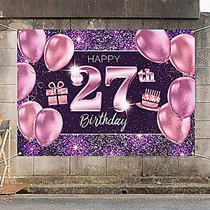 PAKBOOM Happy 27th Birthday Banner Backdrop - 27 Birthday Party Decorations Supplies for Women Her - Pink Purple Gold 4 x 6ft