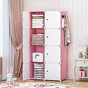 YOZO Cube Storage Organzier Portable Closet Wardrobe Bedroom Dresser (28x14x56 inches) Portable Closet Cube Shelf Armoire Pantry Cabinet, 8 Cubes, Pink
