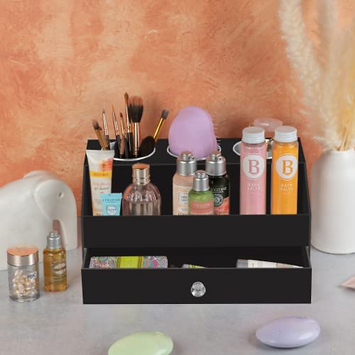 Happy start Acrylic Hair Tool Organizer - Blow Dryer Holder, Hair Styling Tools & Accessories Organizer Vanity Caddy Storage Stand with Heat Resistant Stainless Steel Cups (Drawer, Black)