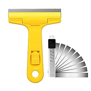 Razor Blade Scraper, 4" Scraper Tool with 10 Extra Replacement Metal Blades, Razor Scraper Remover for Cleaning Paint, Caulk, Adhesive, Label, Decal, Sticker from Window, Glass, Tile, Floor, Stove Top