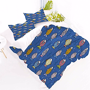 Sea Fish Blue Submarine Bedding Set,Animals Marine Ocean Lightweight Bedding Set for Kids Boys Girls Comforter Cover 3Pcs,Zipper,Queen Size