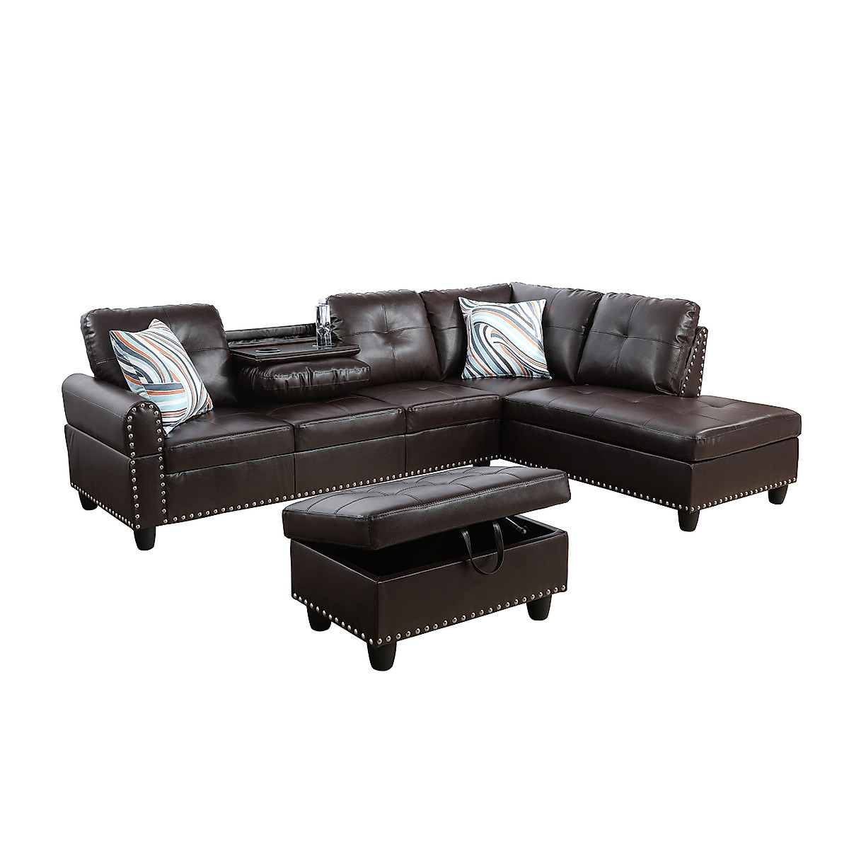 VURAX 3-Piece Faux Leather Sectional Sofas with Left Chaise Longue and Storage Ottoman, Button Tufted Upholstered Couch Set, for Living Room, Home, Office, 97inch, Dark Brown 1
