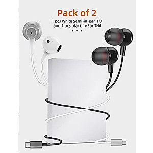 MAS CARNEY 【2 Pack Black+White】 Digital USB Type C Earphones, TI3/TH4 USB C Earbuds,in-Ear Earbud Noise Isolating Pure Sound and Powerful Bass for USB-C Type-c Music Device