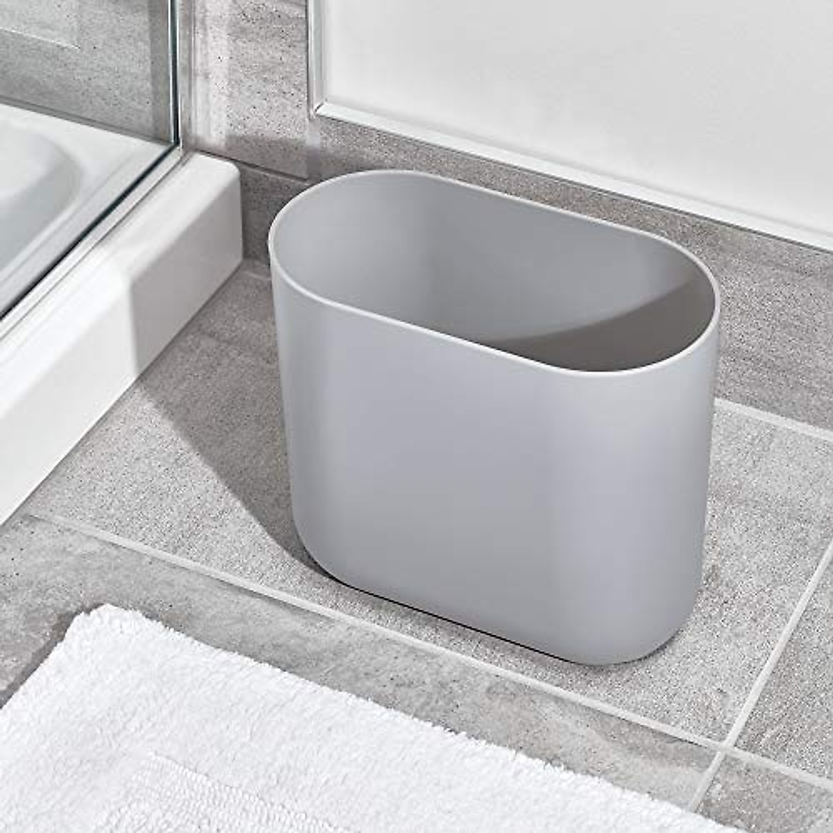 iDesign Cade Oval Slim Trash, Compact Waste Basket Garbage Can for Bathroom, Bedroom, Home Office, Dorm, College, Matte Gray