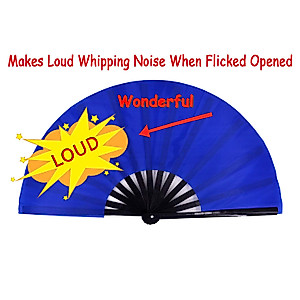 Amajiji Large Folding Hand Rave Fan for Women/Men, Chinease/Japanese Bamboo and Nylon-Cloth Folding Hand Fan for Performance, Festival, Events, Gift, Craft, Dance, Decorations (Blue)