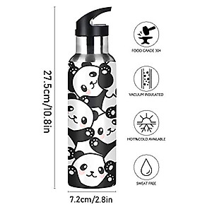 WELLDAY Water Bottle Cartoon Panda Double Wall Vacuum Insulated Flask Stainless Steel with Straw Lid 20oz