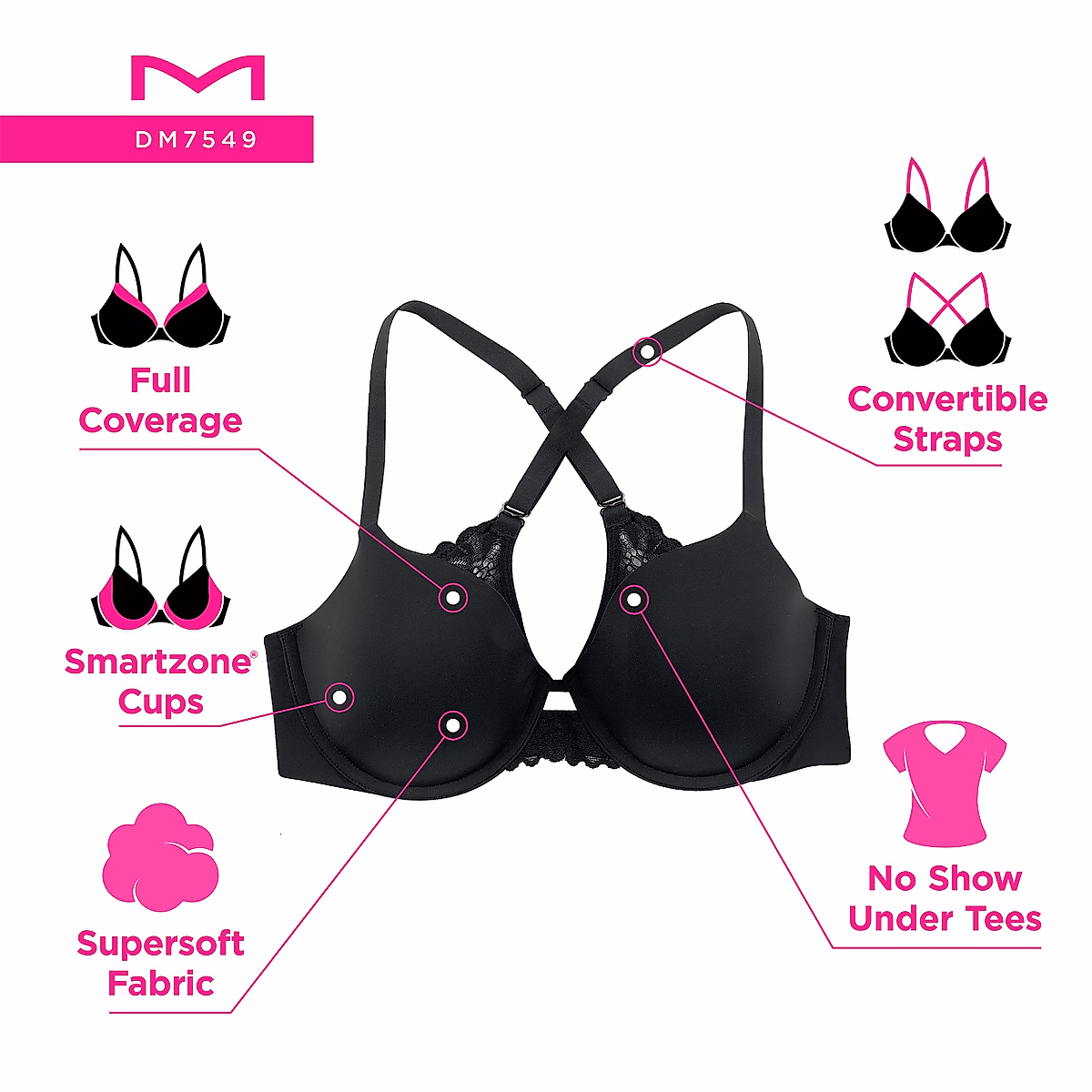 Maidenform Women's One Fab Fit Underwire, Microfiber T-Shirt, Full-Coverage Convertible Bra, White, 36C