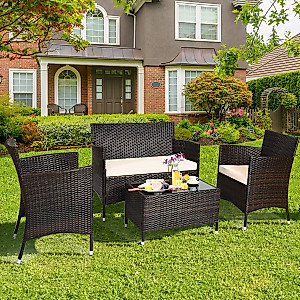 ARLIME 4-Piece Wicker Patio Furniture Set, Outdoor Rattan Sofa Couch Set, All Weather Rattan Sectional Sofa with Thick Seat Cushions & Glass Coffee Table, Patio Garden Lawn Conversation Set (Brown)