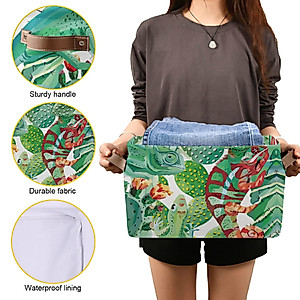 Animal Chameleon Tropical Cactus Storage Bin Canvas Toys Storage Basket Bin Large Storage Cube Box Collapsible with Handles for Home Office Bedroom Closet Shelves,2 pcs