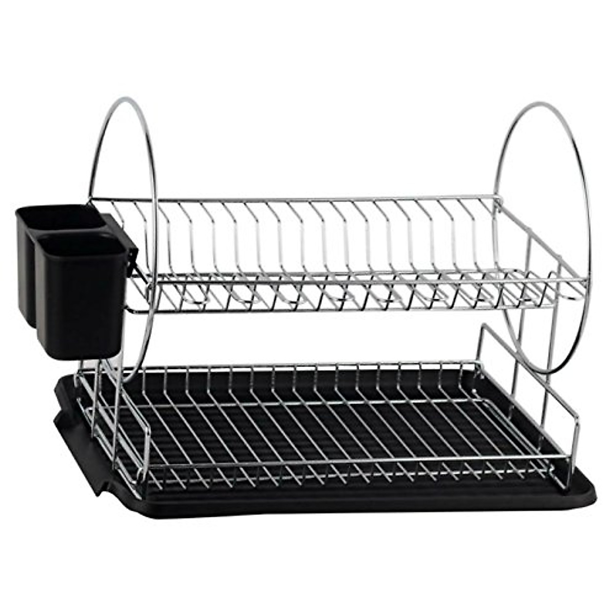 Deluxe Chrome-plated Steel 2-Tier Dish Rack with Drainboard/Cutlery Cup (BlackII)