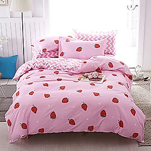 HALOZI Duvet Cover Set Full Size Strawberry Pink Stripes Reversible Luxury Soft Bedding Set Comforter Cover with Zipper Closure and Corner Ties (1 Duvet Cover+2 Pillowcases)(Full（80X90） inch)