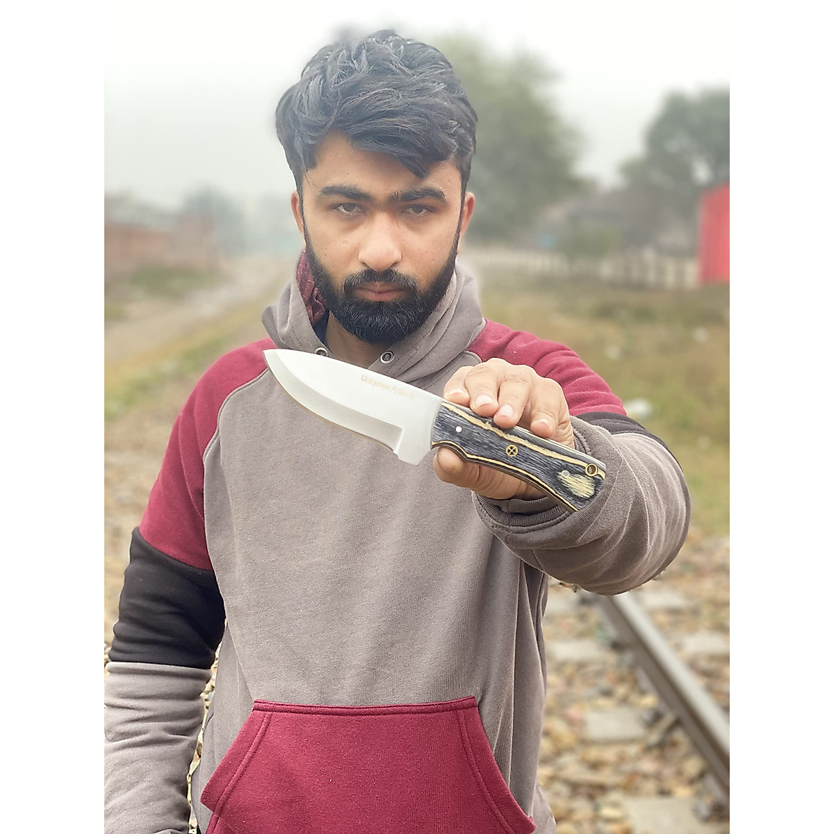 Fixed Blade Knife with Sheath, 9'' Full Tang Hunting Knife with High Carbon Steel Blade, Non-Slip Color Wood Handle, Lanyard Hole, Camping Knife for Hiking, Outdoor, Hunting, Survival, Camping