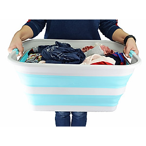 SAMMART 42L Collapsible Plastic Laundry Basket - Foldable Pop Up Storage Container/Organizer - Portable Washing Tub - Space Saving Hamper/Basket (Grey/Cyanine (Set of 2))
