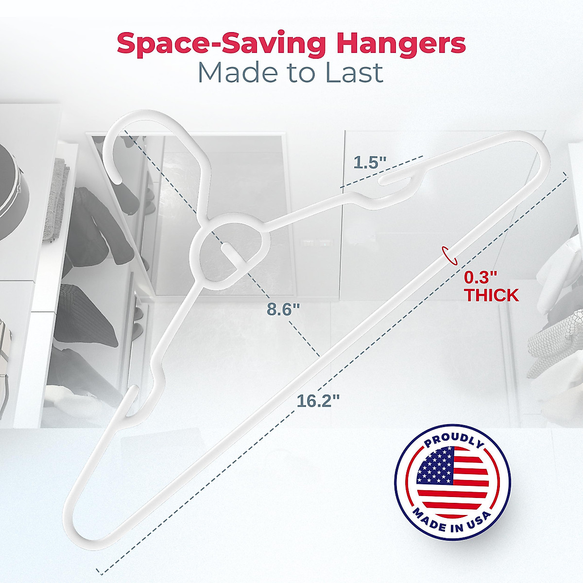 24pk Attachable Clothes Hangers - Heavy Duty Plastic Hangers for Closet Organization, Space Saving Hangers for Pants, Shirts, and Coats - Space Saver Hangers, Closet Space Triangles - Made in USA