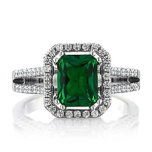 Gem Stone King 925 Sterling Silver Green Simulated Emerald Engagement Ring | 2.78 Cttw | Emerald Cut 9X7MM | Wedding Anniversary Promise Ring For Women | Size 5,6,7,8,9