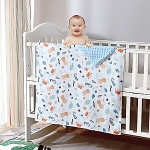 POSENPRO Baby Blanket for Boys Girls, Soft Plush Minky Baby Blanket with Dotted Backing, Lovely Ocean Animals Double Layer Toddler Receiving Blanket Throw for Stroller & Crib, 30 x 40 Inches