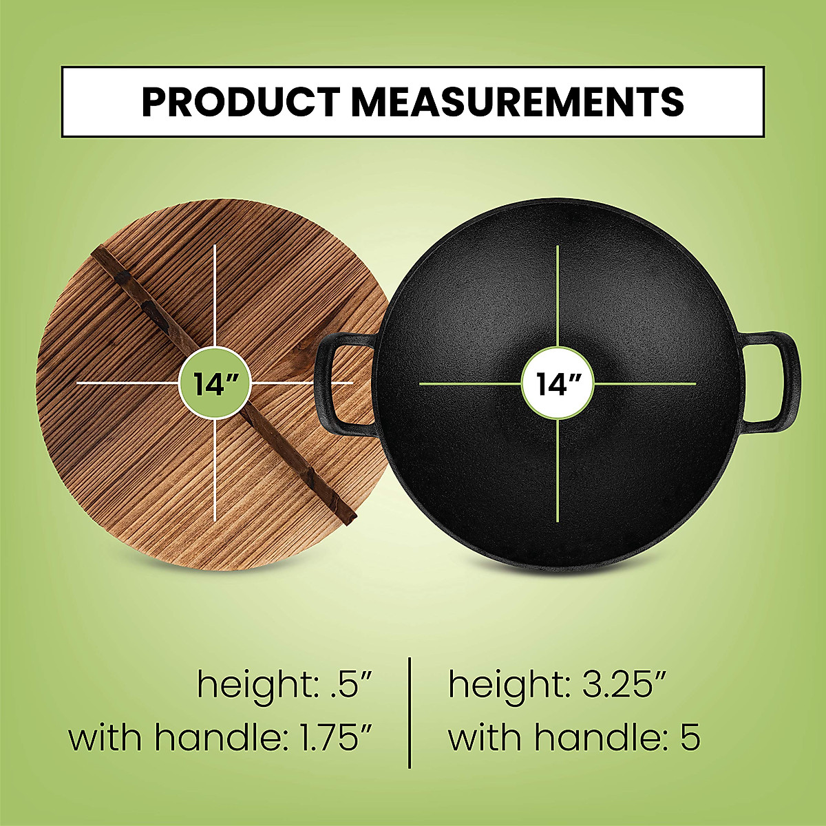 Homeries Pre-Seasoned Cast Iron Wok with 2 Handled and Wooden Lid (14 Inches) Nonstick Iron Deep Frying Pan with Flat Base for Stir-Fry, Grilling, Frying, Steaming - For Authentic Asian, Chinese Food