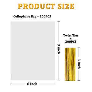 Labeol Cellophane Bags 200Pcs 6X9 Treat Bags with Ties Goodie Bags Clear Plastic Bags for Packaging Favor Gift Cookie Candy Bakery Valentines Day Easter