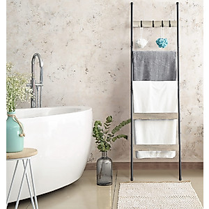 ELYKEN Blanket Ladder for Living Room, Farmhouse 5 -Tier Quilt Holder with 4 Removable Hooks for Bathroom, Wood Towel Rack Display, Wall Anchor Leaning Decorative Stand for Home Decor, White Oak