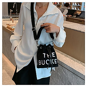 The Bucket Bag for Women, Bucket Bag in 2022 FA, Trendy Embroidered Plush Crossbody Bag for Girls, Trendy Drawstring Handbag (Black)