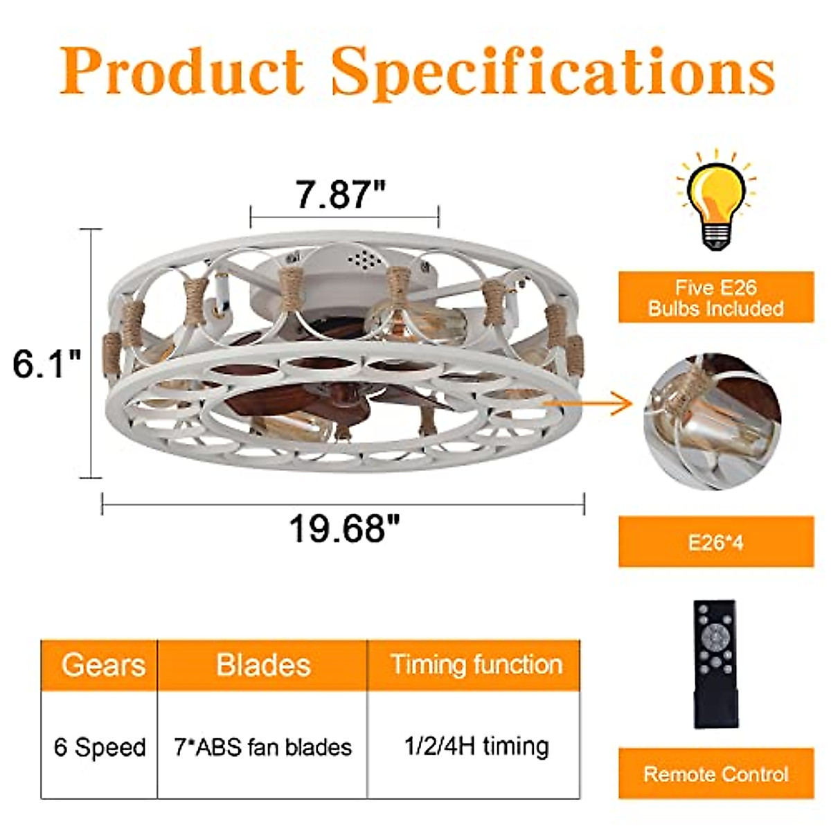 BUXVRCS 19.68'' Flush Mount Caged Ceiling Fan with Lights, Farmhouse Rustic Low Profile Ceiling Fans, 4-Light Vintage Enclosed Ceiling Fan Lighting Fixture Remote Control (Including 5 Bulbs) (White)