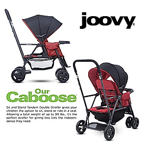 Joovy Caboose Sit and Stand Double Stroller with Rear Bench and Standing Platform, 3-Way Reclining Seats, Optional Rear Seat, and Universal Car Seat Adapter (Red)