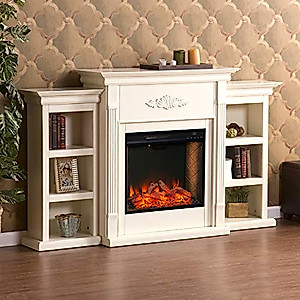 SEI Furniture Tennyson Alexa-Enabled Electric Bookcases Fireplace, Ivory