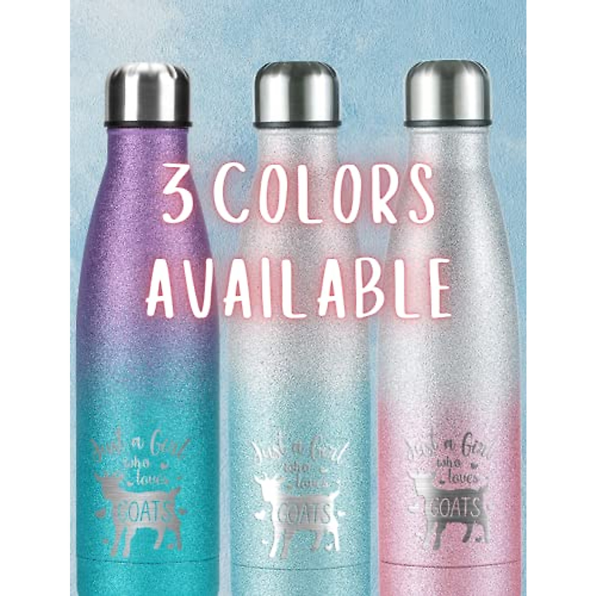 Onebttl Goat Gifts for Goat lovers, Glitter Silver-Blue Water Bottle for Women/Girls, Just a Girl who Loves Goats, Stainless Steel Insulated Bottle, Gift Box and Greeting Card Included