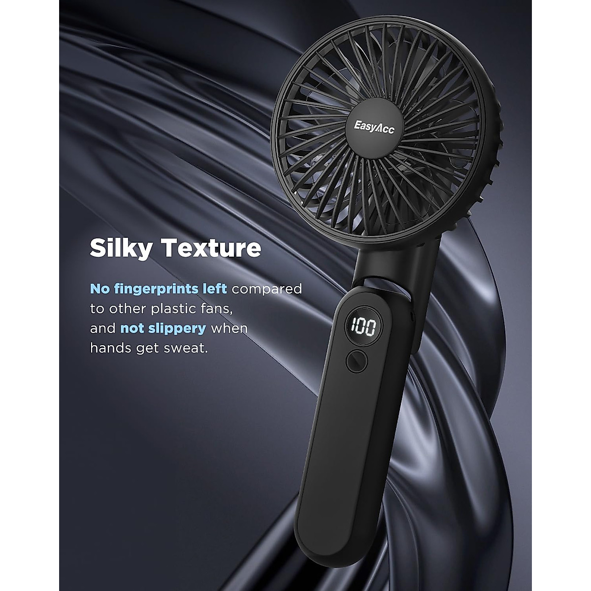 EasyAcc Portable Handheld Fan,4000 Battery Portable Fan for Travel [Ultra Quiet Powerful] 5 Speed Backup Power Digital Display Lanyard Rechargeable Foldable Personal Hand Fan for Olympic Games Black