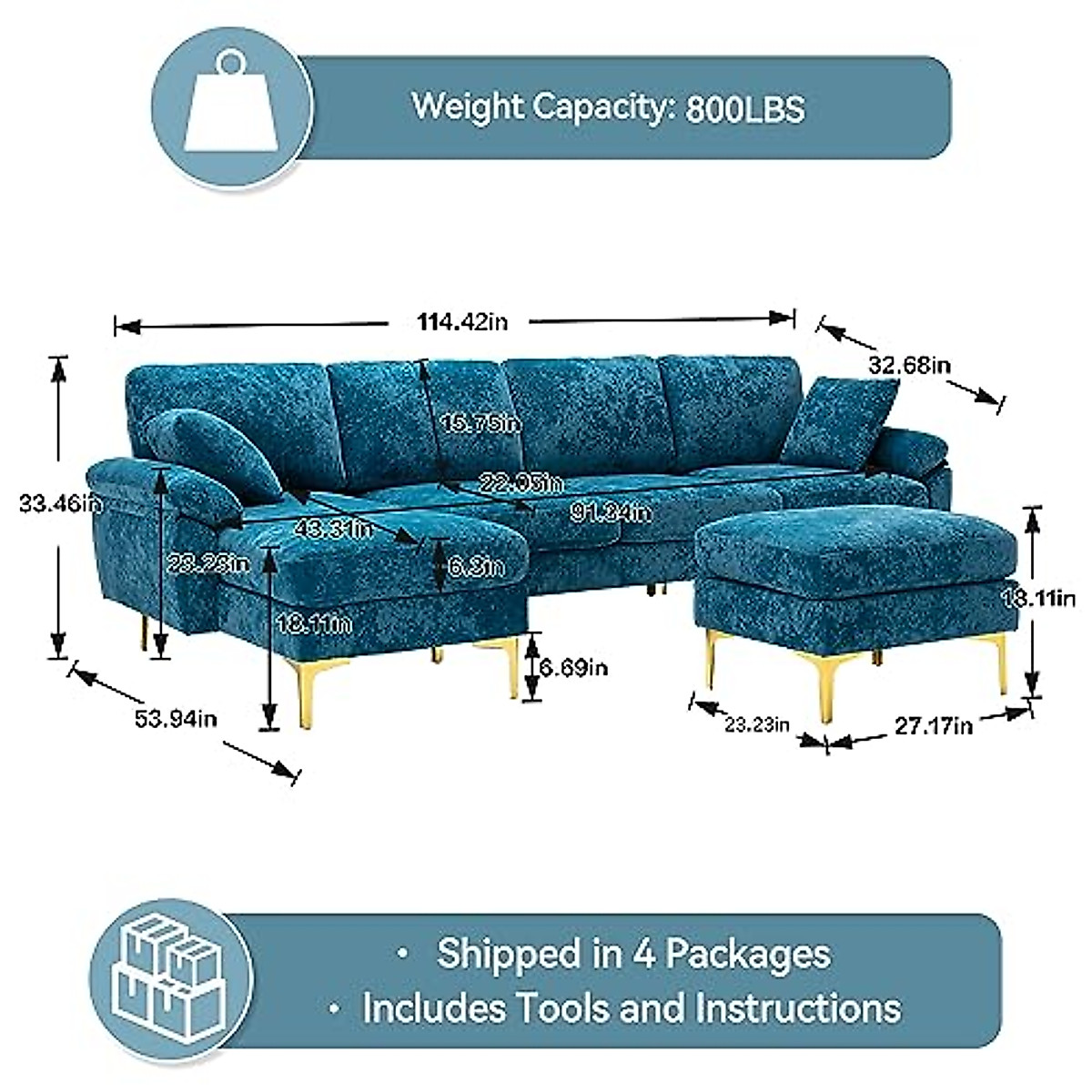 Olela Sectional Couch Velvet Upholstered U Shaped Modular Sectional Sofa with Golden Metal Legs for Living Room (Teal Blue)
