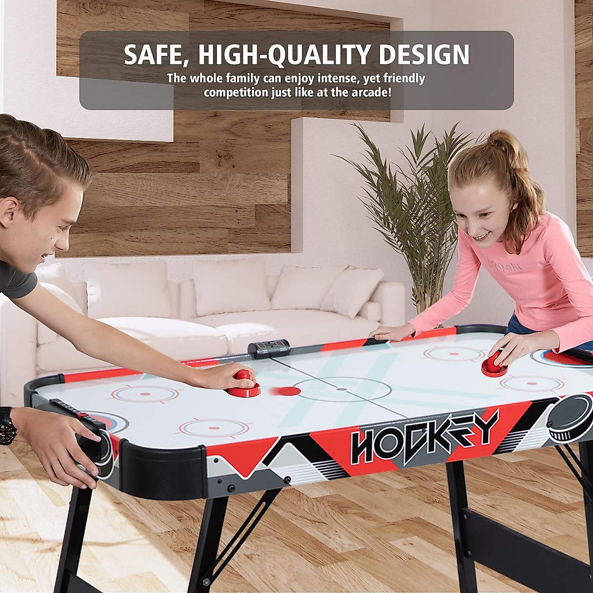 RayChee Foldable Powered Air Hockey Table, 48” Indoor Hockey Table Sports Gaming Set w/2 Pucks, 2 Pushers, LED Scoreboard, Powerful Fan Motor for Adults and Kids, Home Game Room (Red)