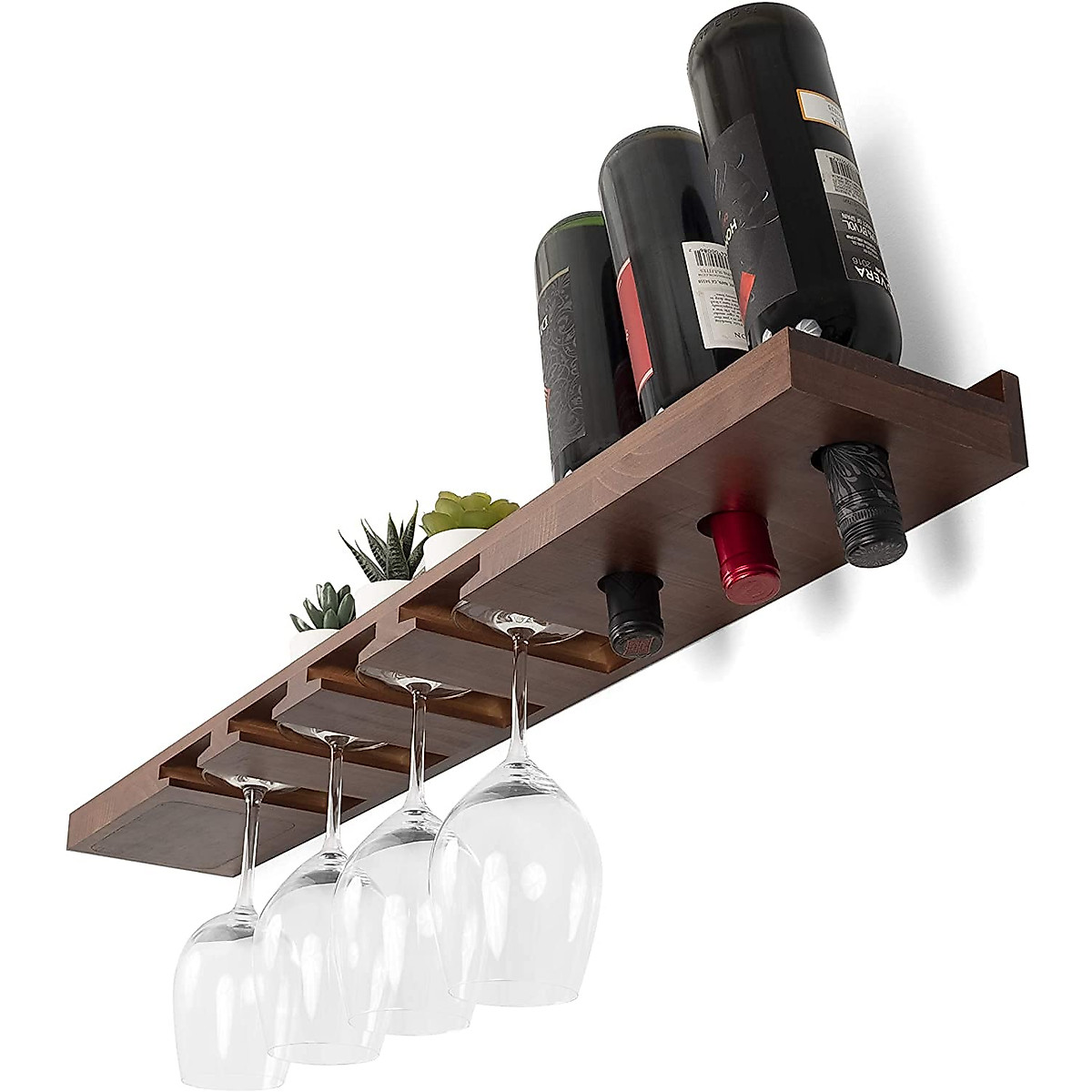 Rustic State Molise Wall Mount Wood Floating Wine Rack Stemware Holder Glassware Shelf Cork Storage Organizer for 3 Bottles and 4 Glasses - Home, Kitchen, Dining Room Bar Décor - Walnut