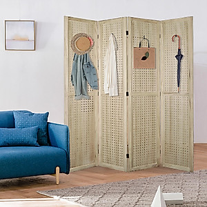 ECOMEX 4 Panel Room Divider, 5.6Ft Pegboard Display Wooden Room Divider Folding Privacy Screen Room Divider Freestanding Peg Board Display for Trade Show Craft Show Home Wall Organizer, Natural Wood