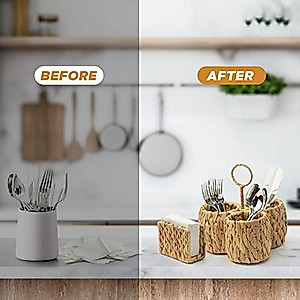 GAIAMADE Wicker Utensil Caddy Bundle, Silverware Organizer, Wicker Flatware Organizers, Cutlery Holder With Tissue Holder