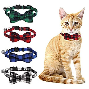 SLSON 4 Pack Cat Collars Breakaway with Bell Cat Collars with Cute Bowtie for Pet Kitten Cats and Small Dogs Pets Adjustable from 8-11In (Plaid)
