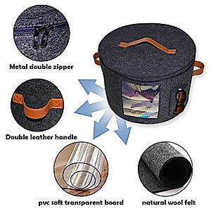 Hat Storage Box for Women and Men, 17"D Large Hat Box with Dustproof Lid & Clear Window, Felt Round Foldable Hat Box Travel Case Portable Hat Organizer Container, Stuffed Animal Toy Storage -Dark Grey