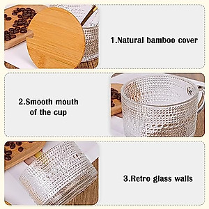 Moretoes 6pcs 14oz Glass Vintage Coffee Mugs Set, Glass Iced Coffee Cups with lids and Spoons, Clear Embossed Aesthetic Mugs Cute Drinking Glasses for Latte, Cappuccino, Oat