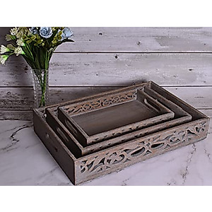STORE INDYA Vintage Rustic Wooden Serving Trays with Handle - Set of 3 - Large, Medium and Small - Nesting Multipurpose Trays